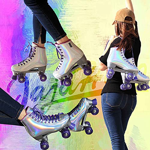 JajaHoho Roller Skates for Women, Holographic Silver High Top PU Leather Rollerskates, Shiny Double-Row Purple Four Wheels Quad Skates for Girls and Age 8-50 Indoor Outdoor, Size 6