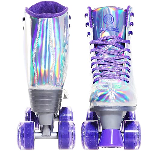 JajaHoho Roller Skates for Women, Holographic Silver High Top PU Leather Rollerskates, Shiny Double-Row Purple Four Wheels Quad Skates for Girls and Age 8-50 Indoor Outdoor, Size 6