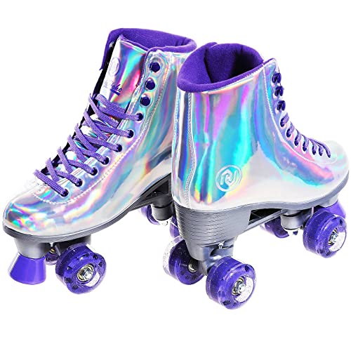 JajaHoho Roller Skates for Women, Holographic Silver High Top PU Leather Rollerskates, Shiny Double-Row Purple Four Wheels Quad Skates for Girls and Age 8-50 Indoor Outdoor, Size 6