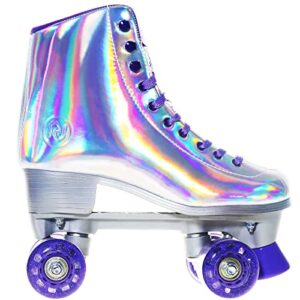 JajaHoho Roller Skates for Women, Holographic Silver High Top PU Leather Rollerskates, Shiny Double-Row Purple Four Wheels Quad Skates for Girls and Age 8-50 Indoor Outdoor, Size 6