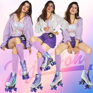 JajaHoho Roller Skates for Women, Holographic Silver High Top PU Leather Rollerskates, Shiny Double-Row Purple Four Wheels Quad Skates for Girls and Age 8-50 Indoor Outdoor, Size 6