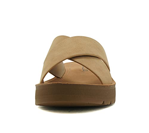 Soda LUCY ~ Women Open Toe Flatform Platform Crisscross Band Upper Fashion Slide Sandals (Camel, numeric_8_point_5)