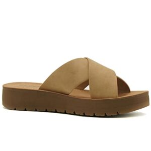 Soda LUCY ~ Women Open Toe Flatform Platform Crisscross Band Upper Fashion Slide Sandals (Camel, numeric_8_point_5)