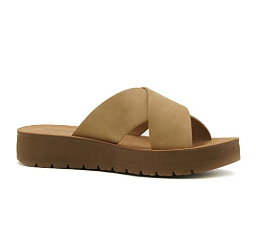 Soda LUCY ~ Women Open Toe Flatform Platform Crisscross Band Upper Fashion Slide Sandals (Camel, numeric_8_point_5)