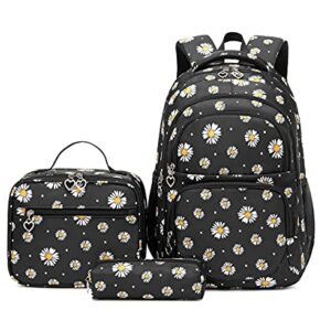 EKUIZAI 3Pcs Daisy Prints Backpack for Girls Bookbag set Primary School Daypack Elementary Students Knapsack with Lunch Box