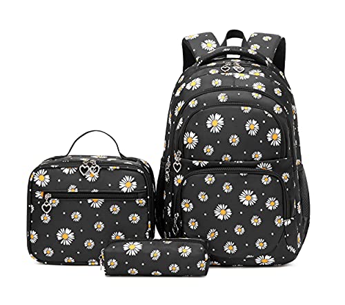 EKUIZAI 3Pcs Daisy Prints Backpack for Girls Bookbag set Primary School Daypack Elementary Students Knapsack with Lunch Box