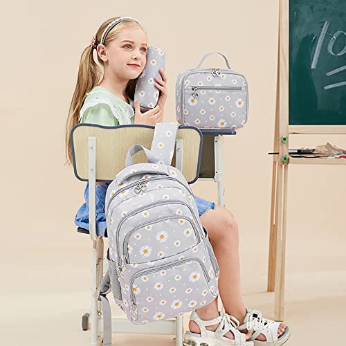 EKUIZAI 3Pcs Daisy Prints Backpack for Girls Bookbag set Primary School Daypack Elementary Students Knapsack with Lunch Box