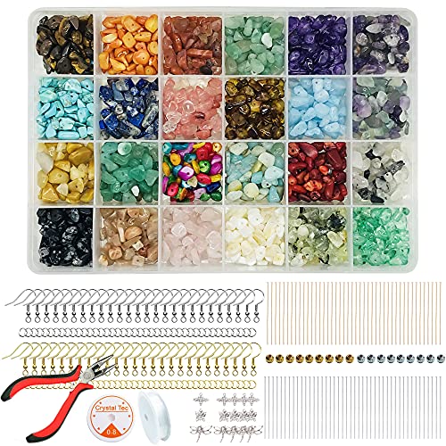 Allazone Natural Chip Gemstone Beads Set, 24 Style 1050 PCS Natural Gemstone Beads Kit Ear Hooks, Pendant Accessories, Pliers for Jewelry Necklace Bracelet Earring Making DIY Crafts