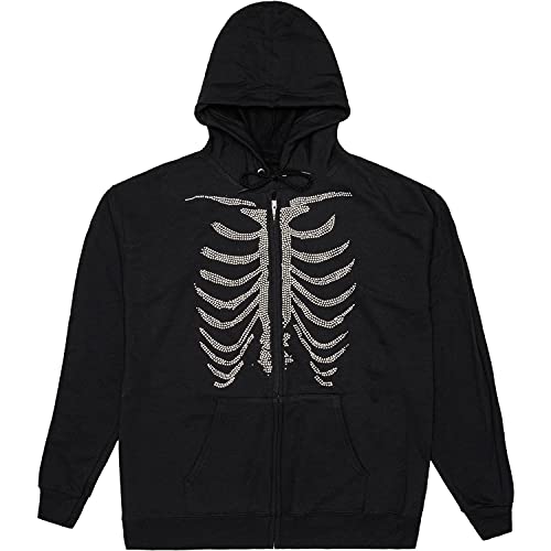 Women Y2K Long Sleeve Zip Up Hoodie Jacket Skull Vintage Casual Cardigan Sweatshirt with Pocket (Rhinestone Skeleton Black, S)