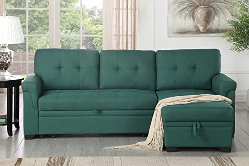 Lilola Home Linen Reversible Sleeper Sectional Sofa with Storage Chaise, Green