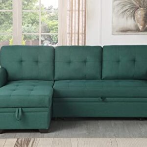 Lilola Home Linen Reversible Sleeper Sectional Sofa with Storage Chaise, Green