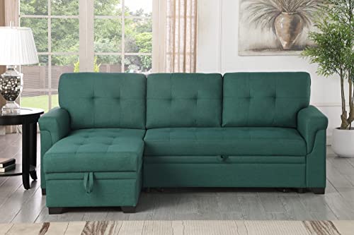 Lilola Home Linen Reversible Sleeper Sectional Sofa with Storage Chaise, Green