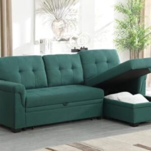 Lilola Home Linen Reversible Sleeper Sectional Sofa with Storage Chaise, Green