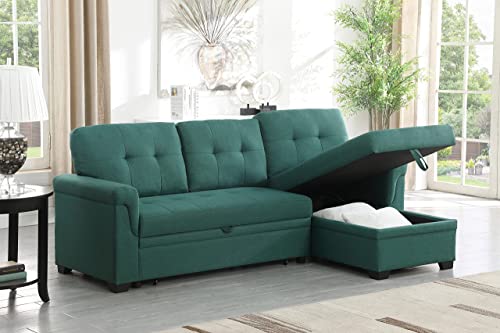 Lilola Home Linen Reversible Sleeper Sectional Sofa with Storage Chaise, Green