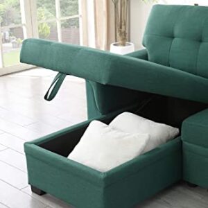 Lilola Home Linen Reversible Sleeper Sectional Sofa with Storage Chaise, Green