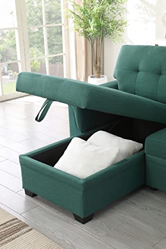 Lilola Home Linen Reversible Sleeper Sectional Sofa with Storage Chaise, Green