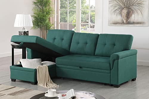 Lilola Home Linen Reversible Sleeper Sectional Sofa with Storage Chaise, Green