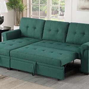 Lilola Home Linen Reversible Sleeper Sectional Sofa with Storage Chaise, Green