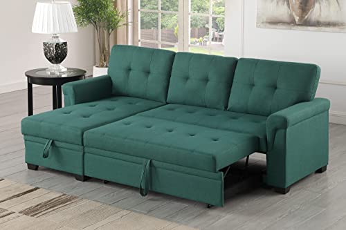 Lilola Home Linen Reversible Sleeper Sectional Sofa with Storage Chaise, Green