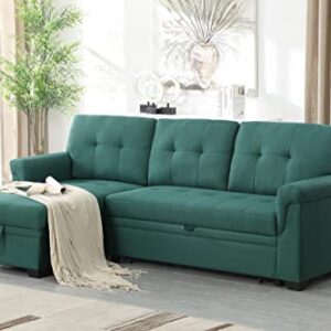 Lilola Home Linen Reversible Sleeper Sectional Sofa with Storage Chaise, Green