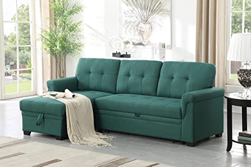 Lilola Home Linen Reversible Sleeper Sectional Sofa with Storage Chaise, Green