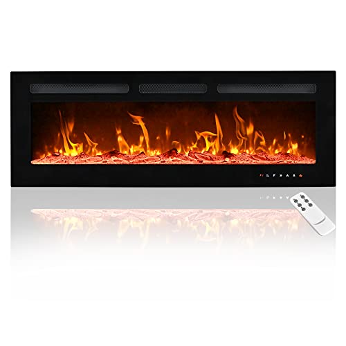 E EUHOMY 50-inch Electric Fireplace, Recessed and Wall Mounted Fireplace Heater, Adjustable Brightness, Multiple Colors, Dual Control Remote and Touch Screen, Indoor Heater with Timer, 750W/1500W