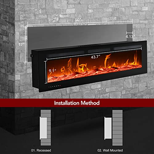 E EUHOMY 50-inch Electric Fireplace, Recessed and Wall Mounted Fireplace Heater, Adjustable Brightness, Multiple Colors, Dual Control Remote and Touch Screen, Indoor Heater with Timer, 750W/1500W