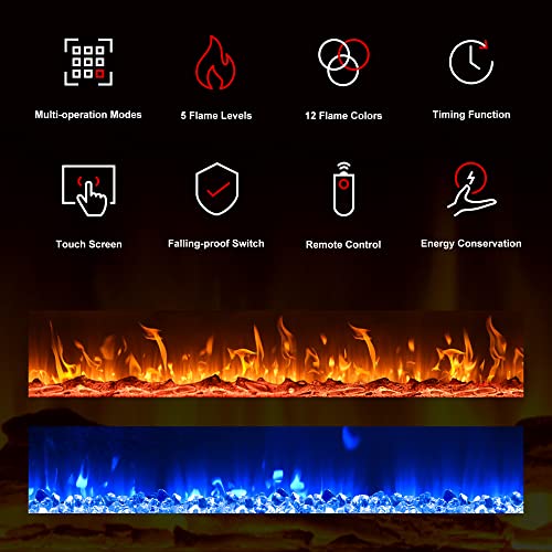 E EUHOMY 50-inch Electric Fireplace, Recessed and Wall Mounted Fireplace Heater, Adjustable Brightness, Multiple Colors, Dual Control Remote and Touch Screen, Indoor Heater with Timer, 750W/1500W