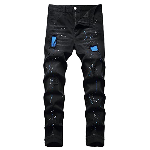 QIMYUM Mens Ripped Jeans, Distressed Destroyed Slim Fit Straight Leg Denim Pants (34, Black040)