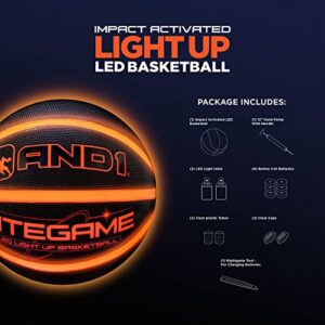 AND1 Nitegame LED Light Up Basketball - Impact Activated Glow in The Dark - Regulation Size 7 (29.5 inches), for Outdoor or Indoor Basketball, Sold Deflated, Comes in Black or Orange