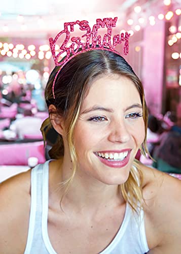 RhinestoneSash Birthday Headband for Women - Hot Pink Sparkle It's My Birthday Headband - Birthday Gifts for Women, Pink Birthday Tiara, Pink Birthday Party Supplies, Decorations (MyBday) Pnk