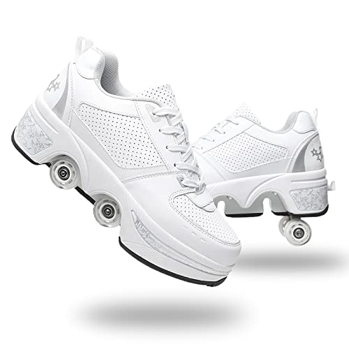 Roller Skate Shoes for Women Four Rounds Children's Roller Skates Shoes That Turn into Rollerskates Sneakers Outdoor Light Shoes with Wheels for Girls/Boys (White Silver, US 7)