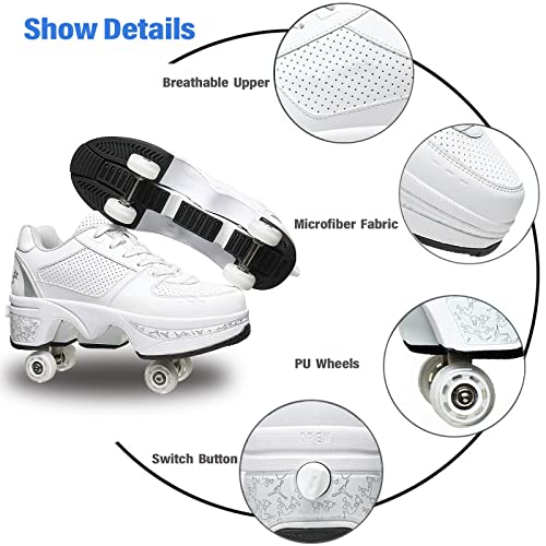 Roller Skate Shoes for Women Four Rounds Children's Roller Skates Shoes That Turn into Rollerskates Sneakers Outdoor Light Shoes with Wheels for Girls/Boys (White Silver, US 7)