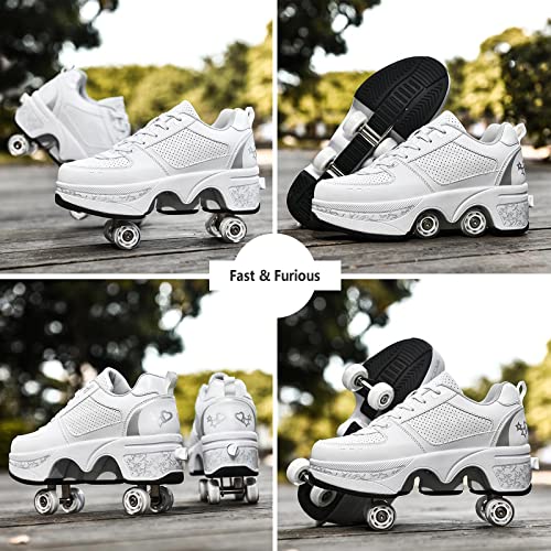 Roller Skate Shoes for Women Four Rounds Children's Roller Skates Shoes That Turn into Rollerskates Sneakers Outdoor Light Shoes with Wheels for Girls/Boys (White Silver, US 7)