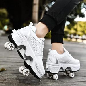 Roller Skate Shoes for Women Four Rounds Children's Roller Skates Shoes That Turn into Rollerskates Sneakers Outdoor Light Shoes with Wheels for Girls/Boys (White Silver, US 7)