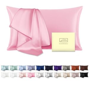 natural mulberry silk pillowcase for hair and skin standard size 20"x 26" case with hidden zipper soft breathable smooth cooling silk pillow covers for sleeping(pink,1pcs)