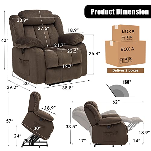 CDCASA Electric Power Lift Recliner Chair with Massage and Heat for Elderly, Reclining Chairs for Seniors, 3 Positions, Side Pocket, USB Port, Plush Fabric, Brown