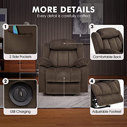 CDCASA Electric Power Lift Recliner Chair with Massage and Heat for Elderly, Reclining Chairs for Seniors, 3 Positions, Side Pocket, USB Port, Plush Fabric, Brown