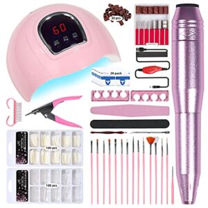 acrylic nail kit with drill, nail supplies with everything electric nail drill 54w u v led nail light dryer lamp polishing manicure pen, false nail tips nail files art brushes nail set for beginner