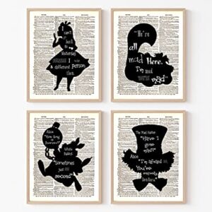 Alice In Wonderland Mad Hatter: The Secret Alice. Decor - 4 piece set - Dictionary Art Print Quotes and Sayings Print - UNFRAMED 9 X 11 inches