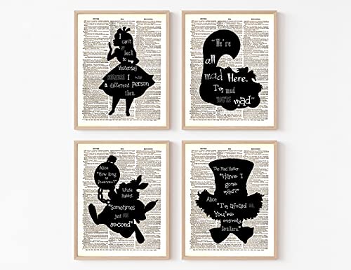 Alice In Wonderland Mad Hatter: The Secret Alice. Decor - 4 piece set - Dictionary Art Print Quotes and Sayings Print - UNFRAMED 9 X 11 inches