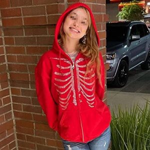 BSUNSOMEM Halloween Skeleton Print Oversized Zip Up Hoodie Sweatshirt for Women Teen Girls Y2k Gothic Harajuku Pullover(Red 3,Small)