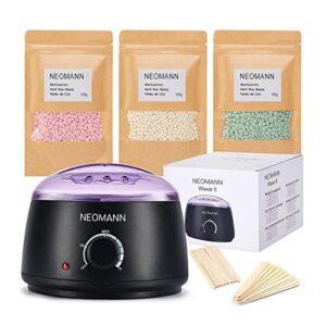 neomann waxer ii waxing kit for women and men non-sticky, teflon-coated - wax warmer for hair removal incl. 300g wax beads, 20 spatulas - wax machine or wax pot perfect brazilian wax kit for women