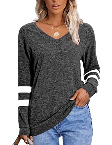 MixShe Womens Tops Fall Fashion 2023 Sweatshirt for Women Sweaters V Neck Long Sleeve Shirts Trendy Clothes Ladeis Blouses Dressy Casual Tunics to Wear with Leggings Gray X-Large