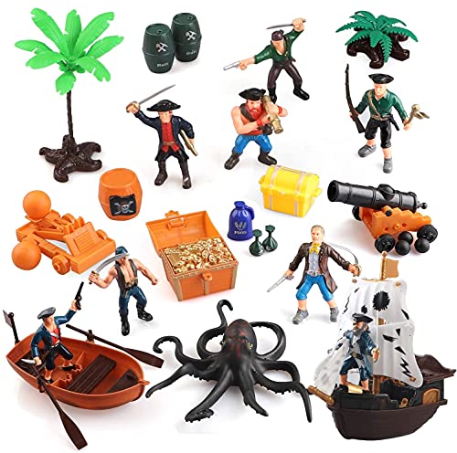 kramow Pirate Action Figures Play Set,Educational Toys Bucket of Pirate Toy with Boat,Treasure Chest,Cannons,Octopus,Pirate Ship and Other Accessories,War Game Toys for Boys and Kids