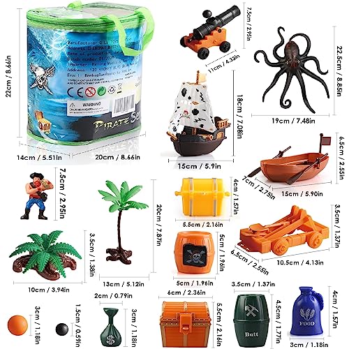 kramow Pirate Action Figures Play Set,Educational Toys Bucket of Pirate Toy with Boat,Treasure Chest,Cannons,Octopus,Pirate Ship and Other Accessories,War Game Toys for Boys and Kids