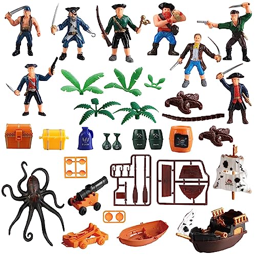 kramow Pirate Action Figures Play Set,Educational Toys Bucket of Pirate Toy with Boat,Treasure Chest,Cannons,Octopus,Pirate Ship and Other Accessories,War Game Toys for Boys and Kids