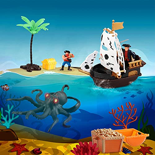 kramow Pirate Action Figures Play Set,Educational Toys Bucket of Pirate Toy with Boat,Treasure Chest,Cannons,Octopus,Pirate Ship and Other Accessories,War Game Toys for Boys and Kids