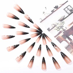 Acenail Extra Long Stiletto Press on Nails Glitter Glossy Moon Star Fake Nails French Clear Ombre False Nails Rhinestones Designs Acrylic Artificial Full Cover Nail Accessories for Women and Girls 24Pcs (Stiletto A)