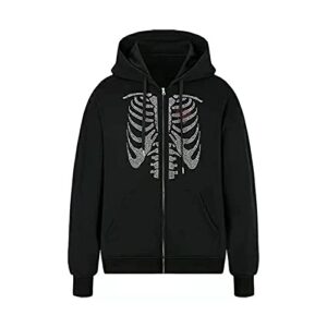 women's y2k rhinestone skull hoodie zip up oversized casual drawstring hoodie e-girl 90s streetwear jacket tracksuit(g-black,s）